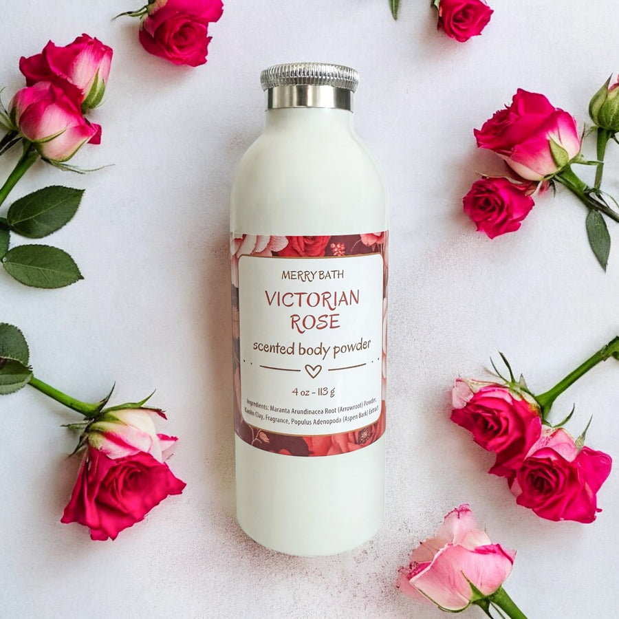 Perfumed, scented body talcum powders, pretty puffs - MerryBath.com