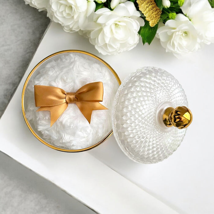 Powder Puff with Bowl Gift Set - White Gold Glass Container