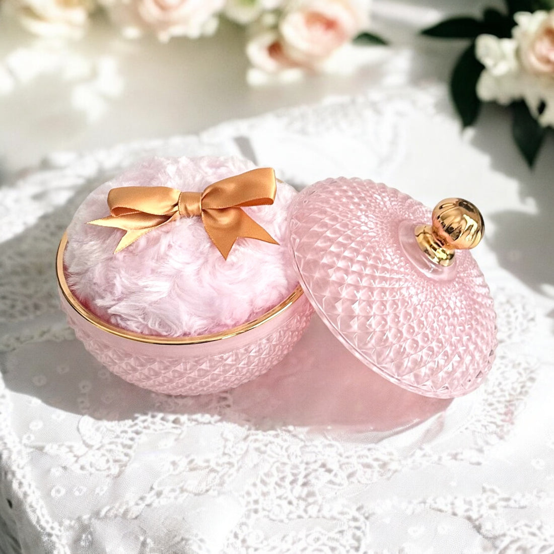 Powder Puff with Lidded Bowl Gift Set Pink Glass Container
