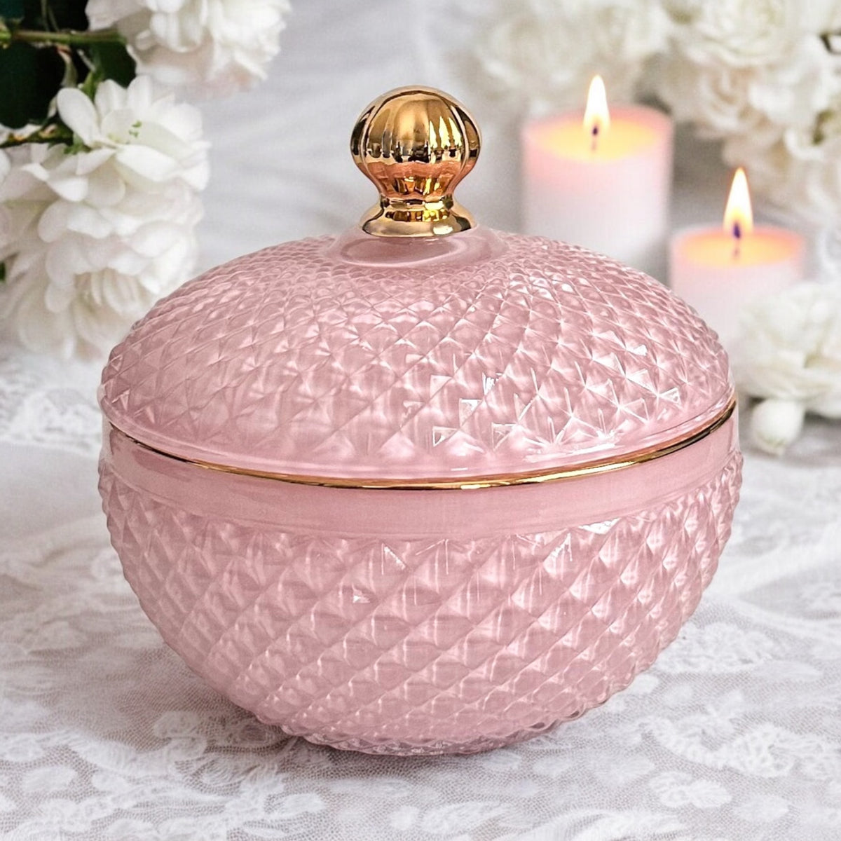 Powder Puff with Lidded Bowl Gift Set Pink Glass Container