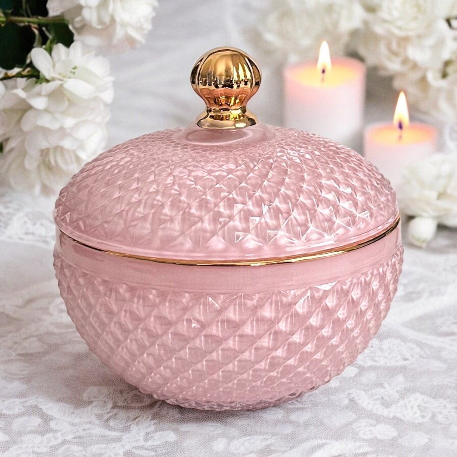 Powder Puff with Lidded Bowl Gift Set Pink Glass Container