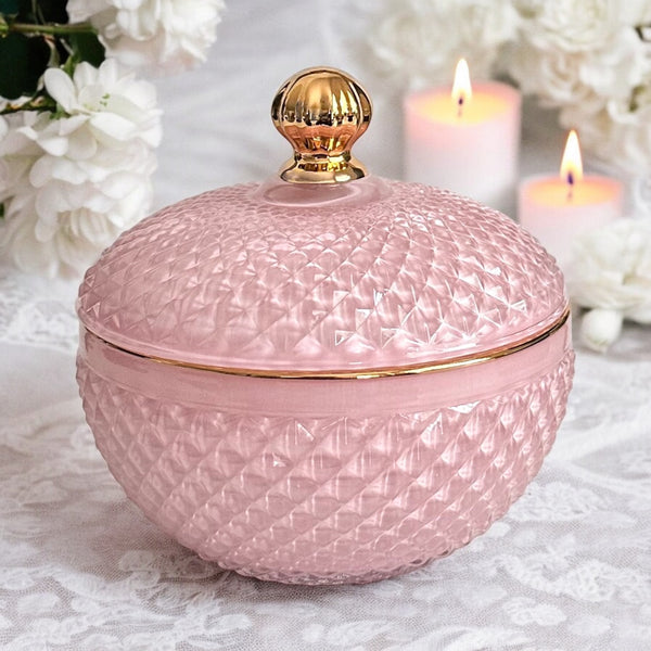 Powder Puff with Lidded Bowl Gift Set Pink Glass Container