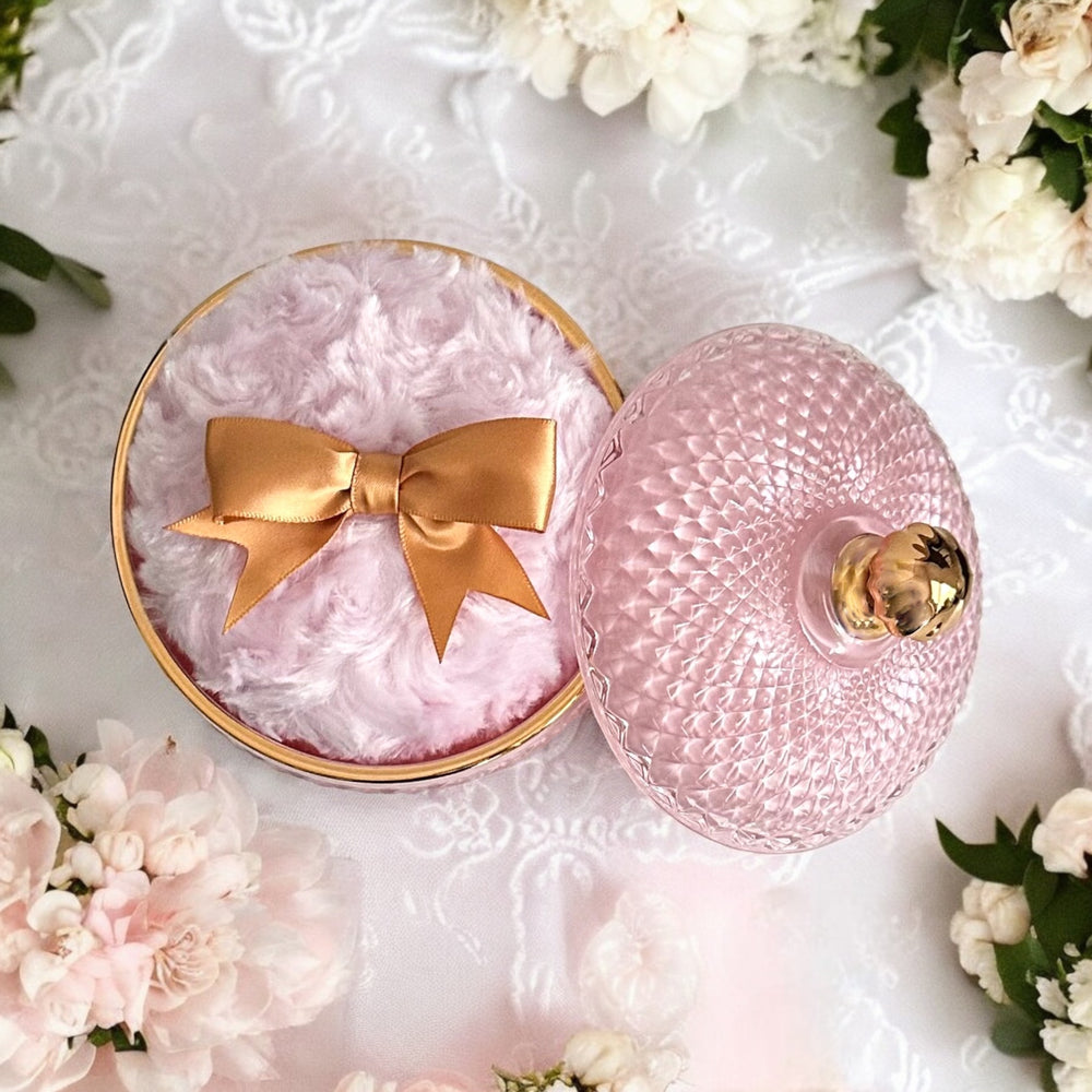 Powder Puff with Lidded Bowl Gift Set Pink Glass Container