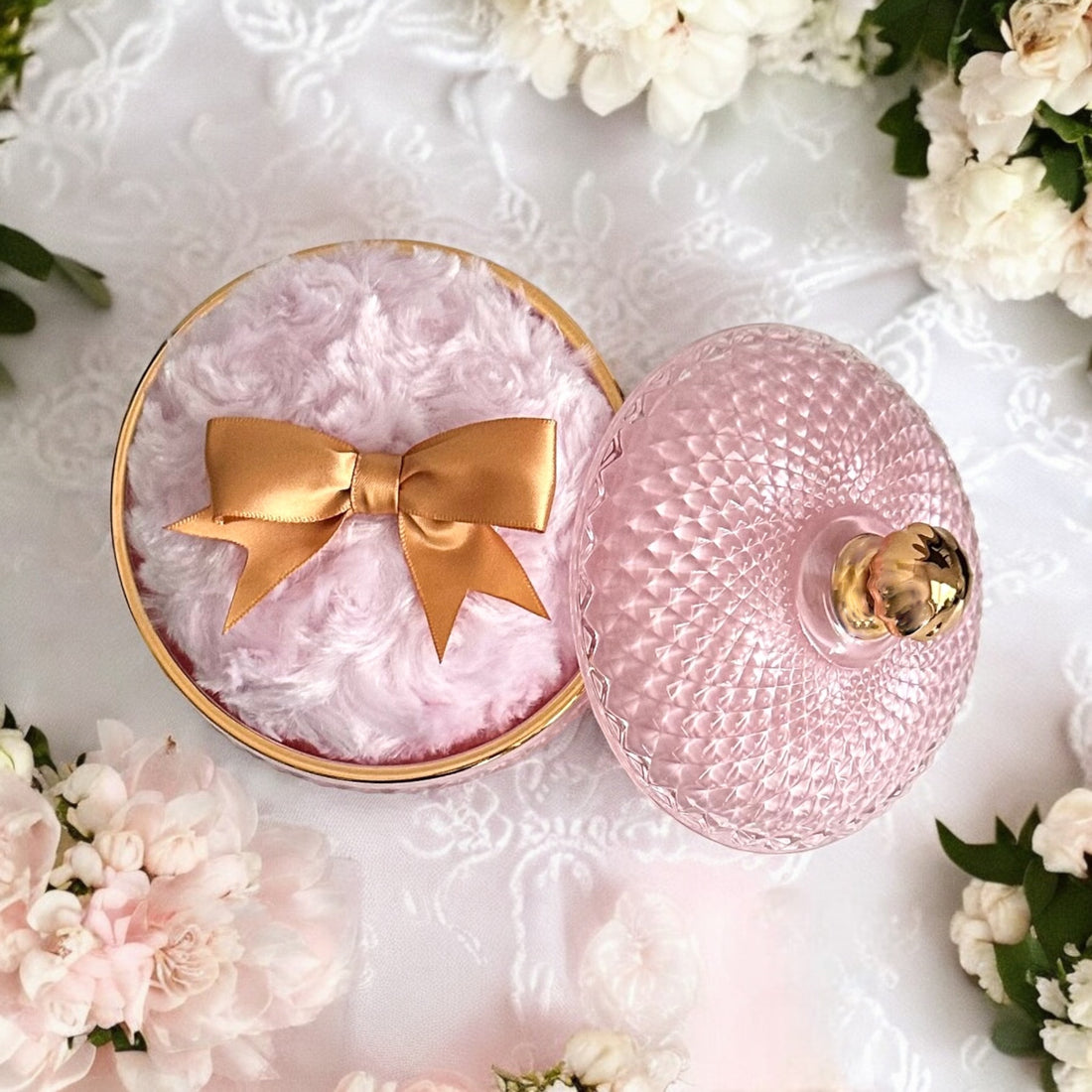 Powder Puff with Lidded Bowl Gift Set Pink Glass Container