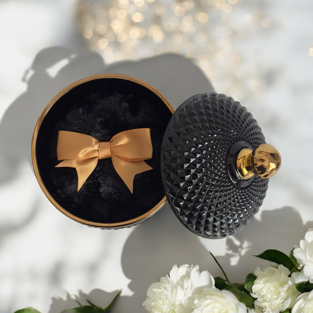 Powder Puff with Lidded Bowl Gift Set BLACK Glass Container