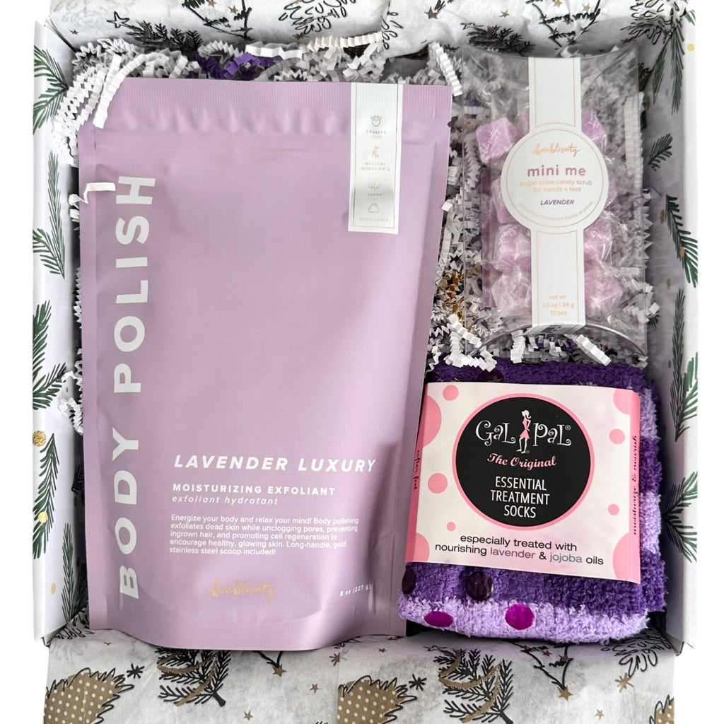 Lavender Glow Gift Set Bonblissity Scrub + Polish + Treatment Socks