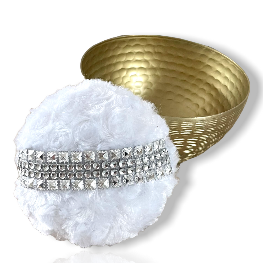 Rhinestone Dusting Powder Puff with Textured Gold Bowl Gift Set